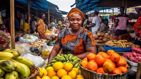 A Woman Stands In A Market With A Basket Of Fruit And Vegetables