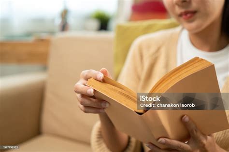 책을 들고 페이지를 넘기는 여성의 손을 닫습니다 젊은 여자는 햇살이 비치는 아침이 있는 거실에 있는 아늑한 소파 소파에 앉아