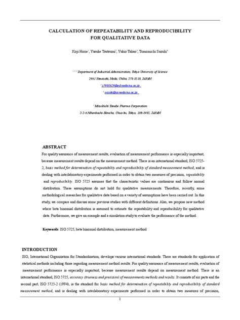 Horie Et Al Calculation Of Repeatability And Reproducibility For Qualitative Data Pdf