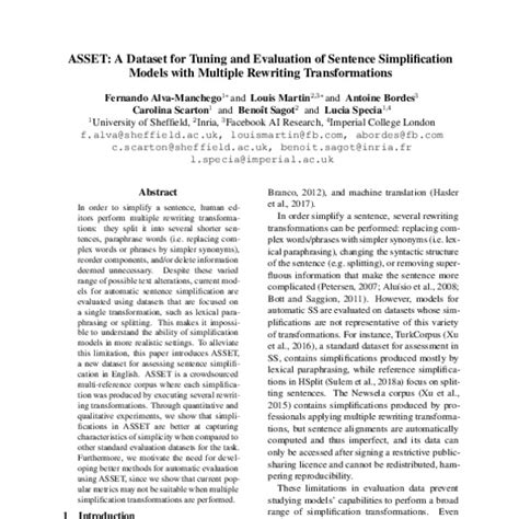 Asset A Dataset For Tuning And Evaluation Of Sentence Simplification