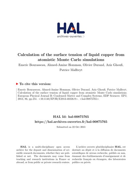 PDF Calculation Of The Surface Tension Of Liquid Copper From Atomistic Monte Carlo Simulations