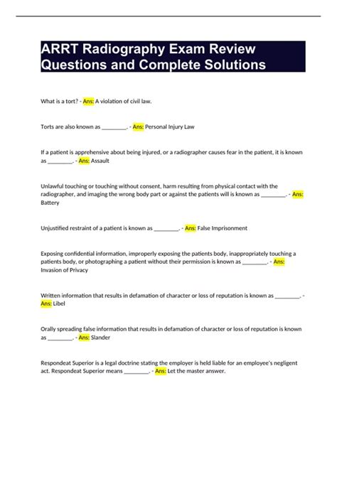 ARRT Radiography Exam Review Questions And Complete Solutions Arrt Stuvia US