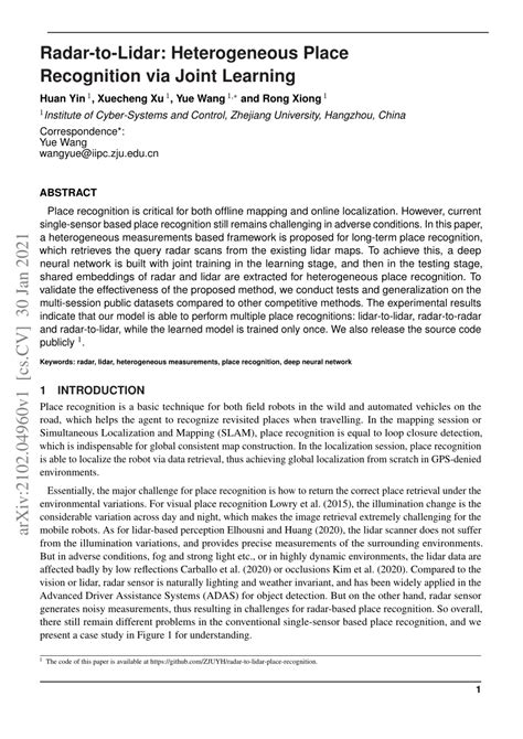 Pdf Radar To Lidar Heterogeneous Place Recognition Via Joint Learning