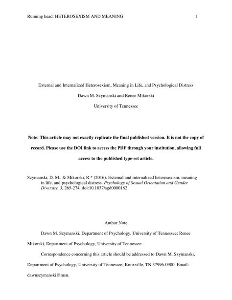 Pdf External And Internalized Heterosexism Meaning In Life And