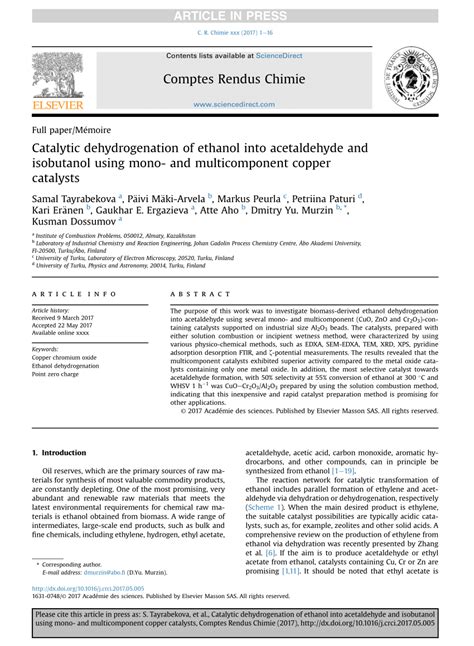 Pdf Catalytic Dehydrogenation Of Ethanol Into Acetaldehyde And Isobutanol Using Mono And