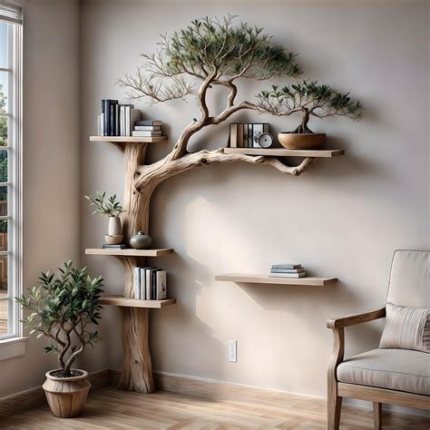 Tree Bookshelf Solid Wood Floating Shelf Branch Solid Wood Bookcase Wall Mounted Furniture And