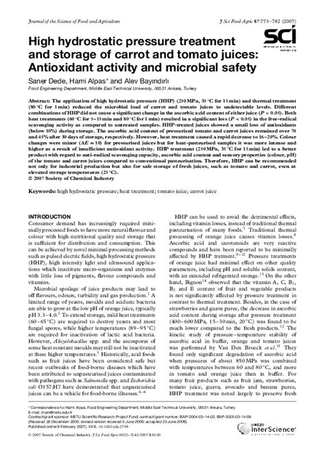 Pdf High Hydrostatic Pressure Treatment And Storage Of Carrot And Tomato Juices Antioxidant