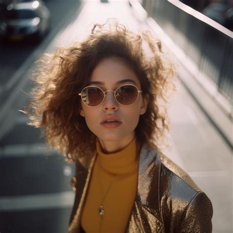 A Woman Wearing A Yellow Shirt With Sunglasses And A Jacket That Says