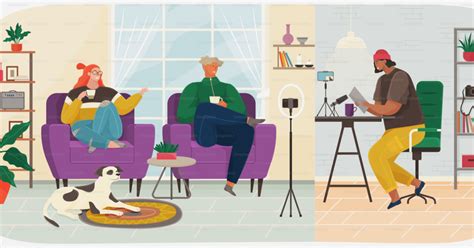 기자와 인터뷰를 하는 캐릭터 생중계 라디오 방송국의 게스트와의 기자 회견 사람들은 팟 캐스트 중에 의사 소통합니다 인터뷰에서 실시간 커뮤니케이션 오디오 팟캐스트