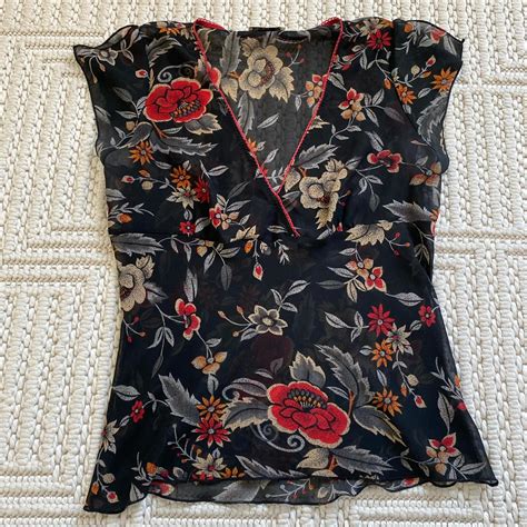 Vintage Black Floral Sheer Blouse With Red Depop