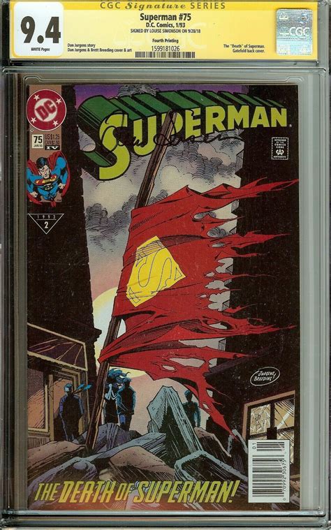 Cgc 94 Superman 75 4th Print Signed Louise Simonson Newsstand