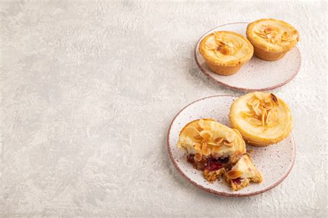 전통적인 포르투갈 케이크 Pasteis De Nata 회색 콘크리트에 커스터드 작은 파이 측면도 복사 공간 0명에 대한 스톡