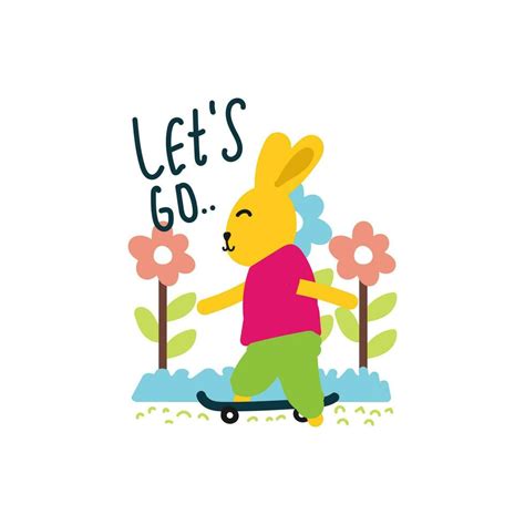 Cute Rabbit Playing Skateboad Hand Drawn Illustration For For Fabric