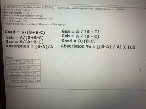 Solved The Specific Gravity And Absorption Test Astm C128