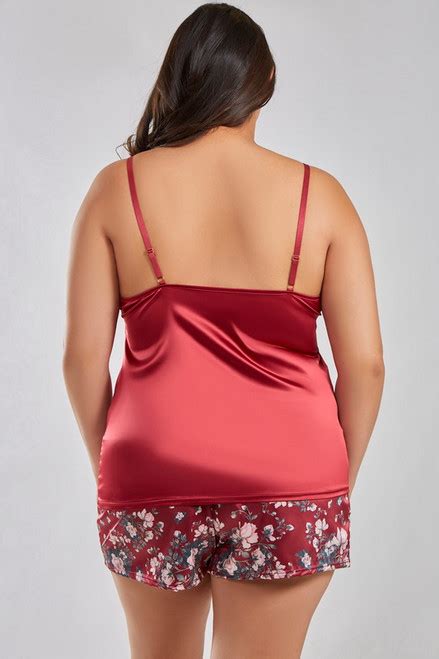 Plus Size Burgundy Brittany Satin Cami And Shorts Spicy Lingerie
