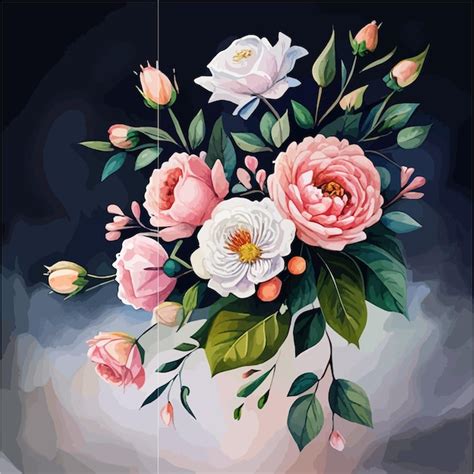 Aquarela Ramo Floral Rubor Rosas Rosas Flores Hojas Verdes Hojas Ramas