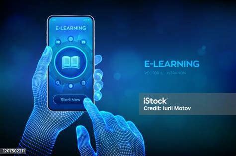 E러닝 혁신적인 온라인 교육 및 인터넷 기술 개념 웨비나 교육 온라인 교육 과정 기술 개발 와이어 프레임 손에 근접 스마트 폰 벡터 그림입니다 개발에 대한 스톡 벡터 아트