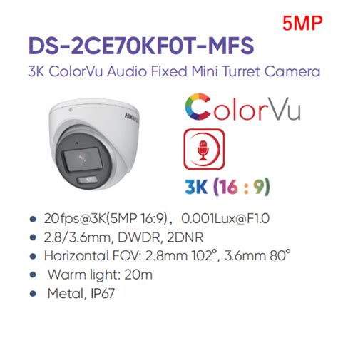 HIKVISION DS 2CE70KF0T MFS 3K ColorVu Audio Fixed Turret Camera