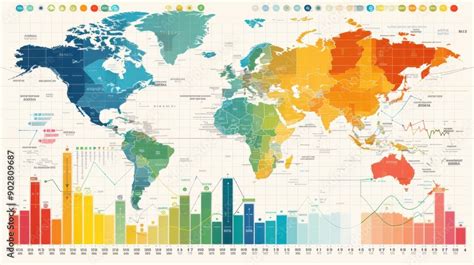 Colorful World Map Infographic With Data Visualizations Showcasing Statistics And Trends Across