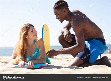Woman Coach Surfer Teaching Her How Bodyboard Stock Photo Photography