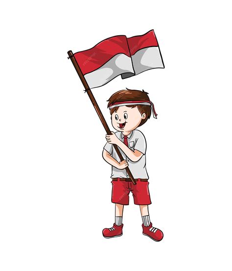 인도네시아 국기를 흔들며 교복을 입은 소년의 만화 일러스트 디자인 프리미엄 벡터