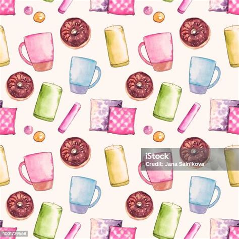 수채화 손으로 그린 파스텔 색된 가정 장식 양 초 차 컵 도넛 및 베개 원활한 패턴 0명에 대한 스톡 벡터 아트 및 기타 이미지 0명 가정 생활 공휴일 Istock