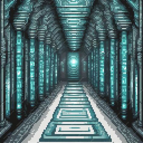 Futuristic Hallway With A Beacon Of Light Pixel Art Style Premium Ai