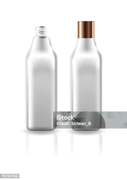 미용 제품 포장을 위한 구리 나사 뚜껑 빈 분명 화장품 평방 병 반사 그림자와 흰색 배경에 고립 패키지 디자인에 사용할 준비입니다 벡터 일러스트입니다 건강관리와 의술에 대한