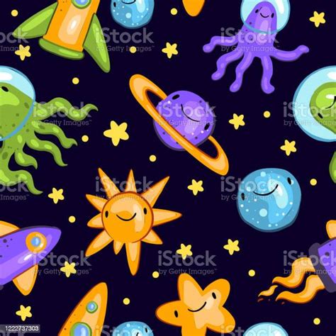 검은 배경에 웃는 행성과 별 로켓과 재미있는 문어 같은 외계인과 만화 스타일 밤 하늘에서 벡터 손 그린 원활한 패턴 0명에 대한 스톡 벡터 아트 및 기타 이미지 Istock