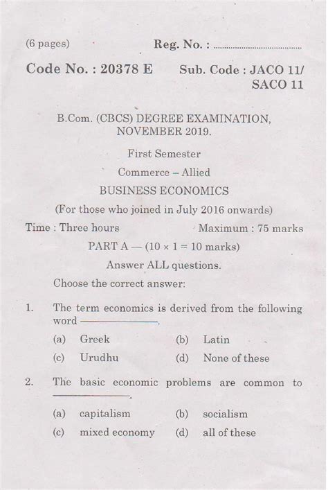 Business Economics Question Papers 6 Pages Reg No R