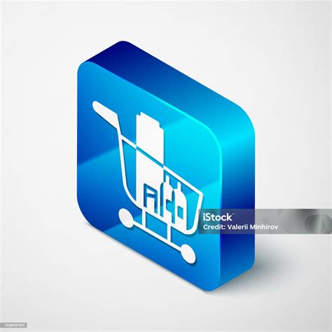 이색 쇼핑 카트 및 회색 배경에 격리 된 음식 아이콘 음식 점 슈퍼마켓 파란색 사각형 버튼입니다 벡터 일러스트레이션 3차원 형태에 대한 스톡 벡터 아트 및 기타 이미지