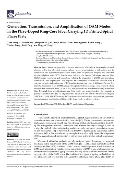Pdf Generation Transmission And Amplification Of Oam Modes In The Pbse Doped Ring Core Fiber