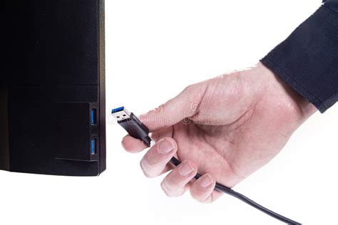 It Engineer Man Hand Inserts Cable Into Monitor Man Hand Connecting The Dvi Cable For Monitor