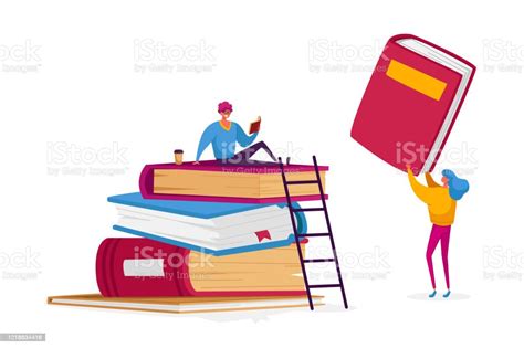 거대한 책에서 작은 학생 문자 더미 학습 숙제 또는 대학이나 대학에서 시험을 준비합니다 젊은 사람들은 교육을 받고 지식을 얻고 취미를 읽습니다 만화 벡터 일러스트레이션