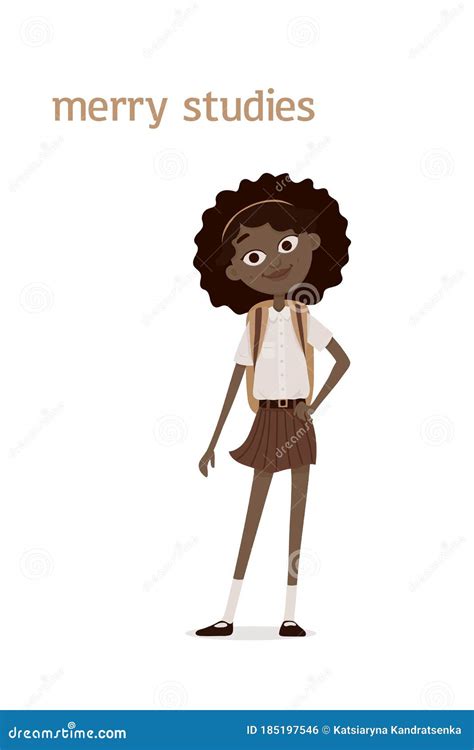 A Cute Smiling African American School Girl With A Brown Curly Hair And