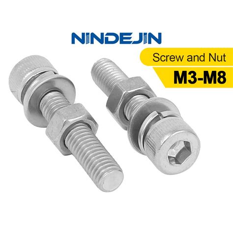 Nindejin 304 不銹鋼內六角螺栓內六角螺釘帶螺母墊圈 M3 M4 M5 M6 M8 螺釘螺母 蝦皮購物