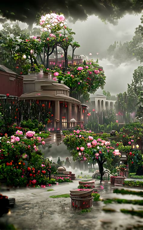 雷雨期间维多利亚镇玫瑰花园的哑光画20世纪福克斯电影公司派拉蒙电影公司维托恩盖和李马奇威克柔光虚幻引擎artstation上的