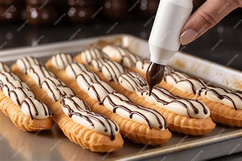 A Baker Piping Cream Filling Into Chocolate Acclairs Premium Ai