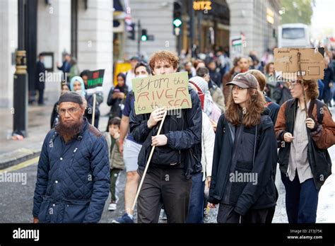 London Uk 21 Oct 2023 A Protestor Holds Up A From The River To