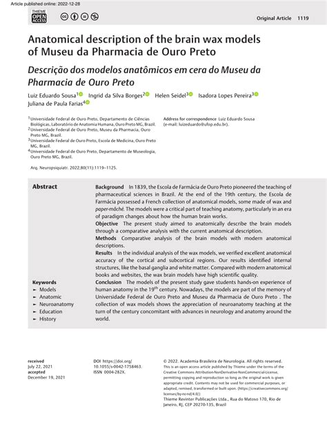 Pdf Anatomical Description Of The Brain Wax Models Of Museu Da