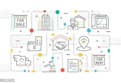 Real Estate 관련 라인 스타일 배너 디자인 웹 페이지 헤드 라인 브로셔 연례 보고서 및 책 표지 라인아트에 대한 스톡 벡터 아트 및 기타 이미지 Istock