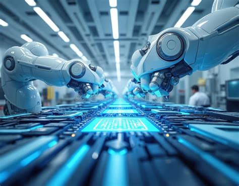 Illustration Futuristic Chip Manufacturing Robotic Arms Interact With Circuit Boards