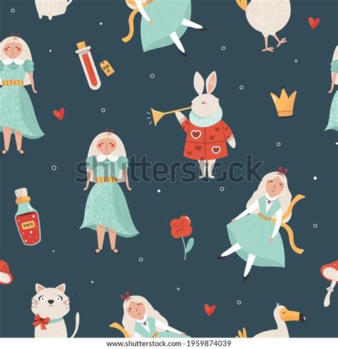 Seamless Pattern Symbols Alice Wonderland Vector Stock Vector Royalty