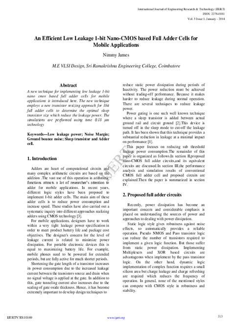 Pdf An Efficient Low Leakage 1 Bit Nano Cmos Based Full Adder Cells