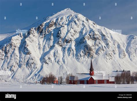 Flakstad Church In The Snow In Winter Fylke Nordland Lofoten Islands