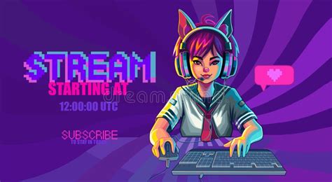 Asian Girl Gamer Or Streamer With Cat Ears Headset Sits In Front Of A