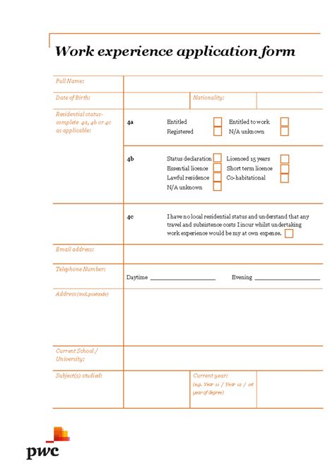 Pwc Work Experience Application Full Name Date Of Birth Nationality Residential Status