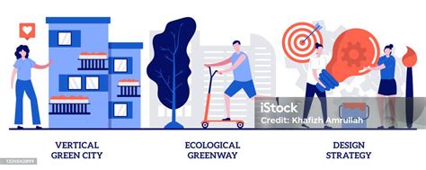 수직 녹색 도시 생태 녹지 작은 사람들과 디자인 전략 개념 환경 도시 솔루션 벡터 일러스트 레이션 세트 공간 절약 형 에코 솔루션 조경 생태 은유 개념에 대한 스톡 벡터