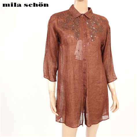 【楽天市場】ミラ・ショーン（mila Schon）レディース 七分袖ブラウス ブラウン系 刺繍・スパンコール飾り （サイズ40