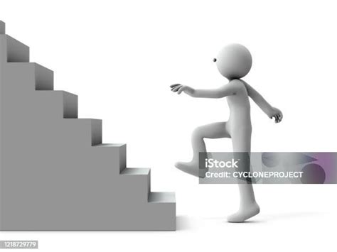 계단을 올라가기 시작하는 사람 그것은 새로운 도전을 나타냅니다 흰색 배경입니다 3d 일러스트레이션 3차원 형태에 대한 스톡 사진